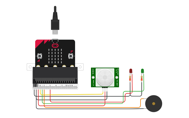 Circuit design Micro:bit Sensor de movimiento PIR - BUZZER por (bloques) | Tinkercad