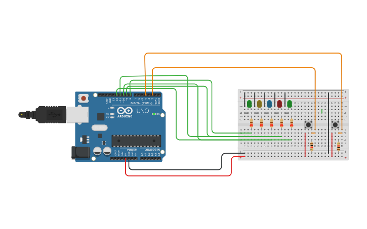 Circuit design Secuencia de 5 leds con pulsador, | Tinkercad Circuit design Secuencia de 5 leds con pulsador, | Tinkercad