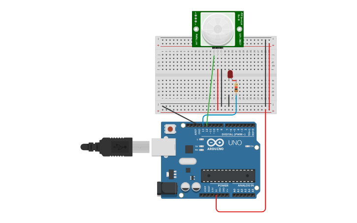 Circuit design Copy of Código sensor PIR con ejemplo (led) | Tinkercad