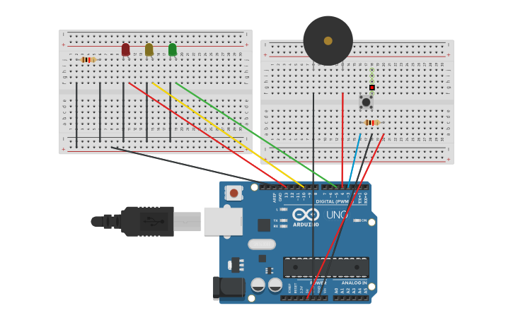 Circuit design Semáforo con pulsador y zumbador | Tinkercad