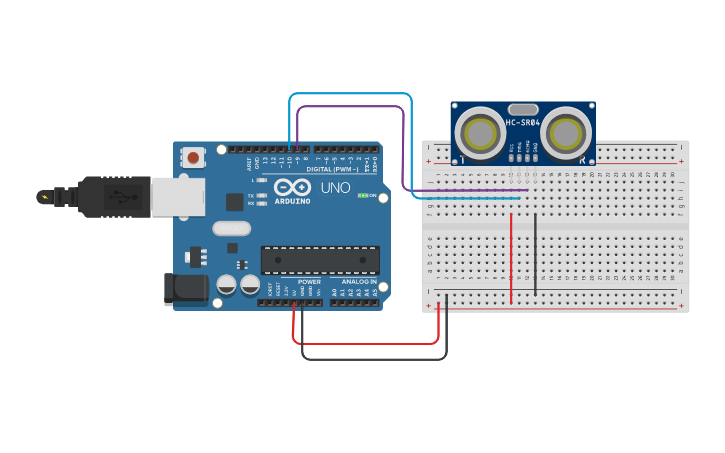 Circuit design Prática 7 - Sensor Ultrassónico | Tinkercad