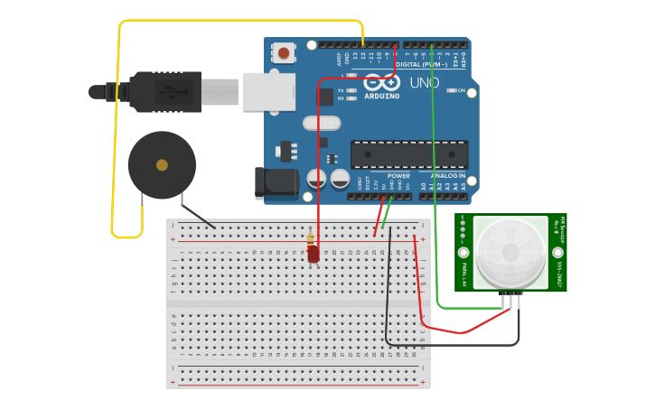 Circuit design SENSOR PIR + BUZZER | Tinkercad
