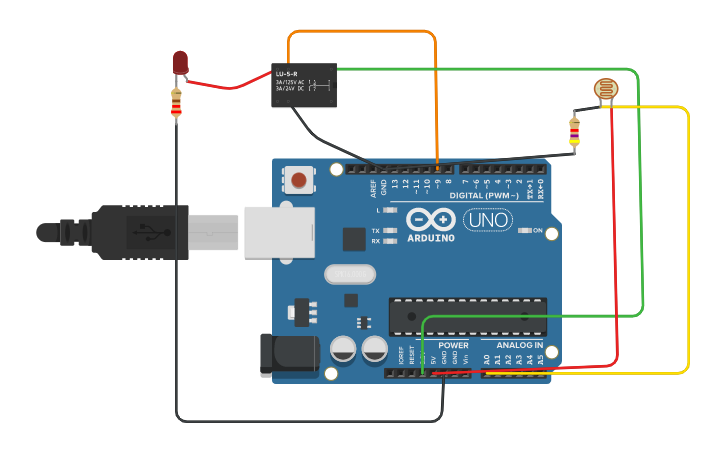 Circuit design LDR + RELÉ | Tinkercad