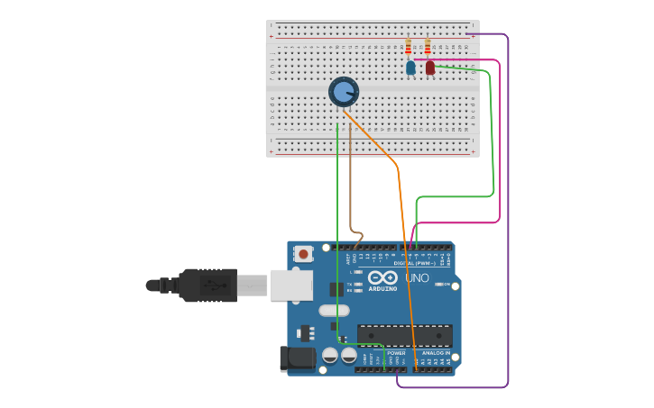 Circuit design potenciometro dos leds | Tinkercad