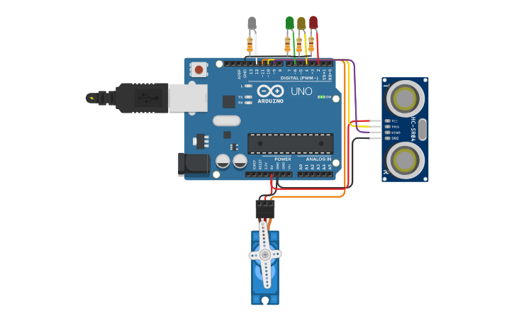 Circuit design Parcial II- sensor ultrasónico y servomotor | Tinkercad Circuit design Parcial II- sensor ultrasónico y servomotor | Tinkercad