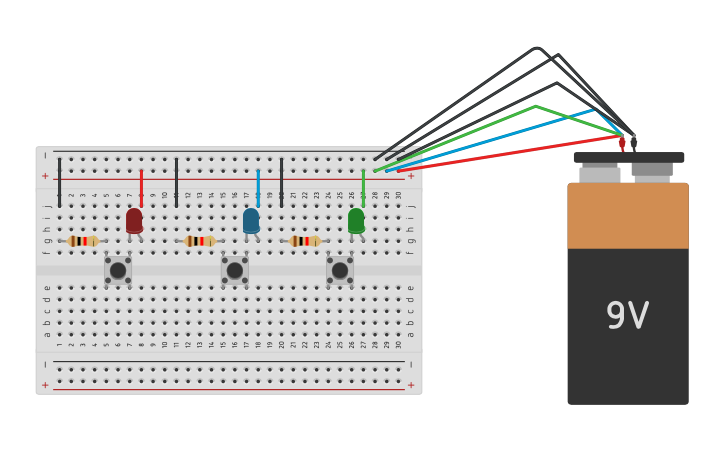 Circuit design Semana 2 Practica Circuito 3 leds y 3 pulsadores | Tinkercad