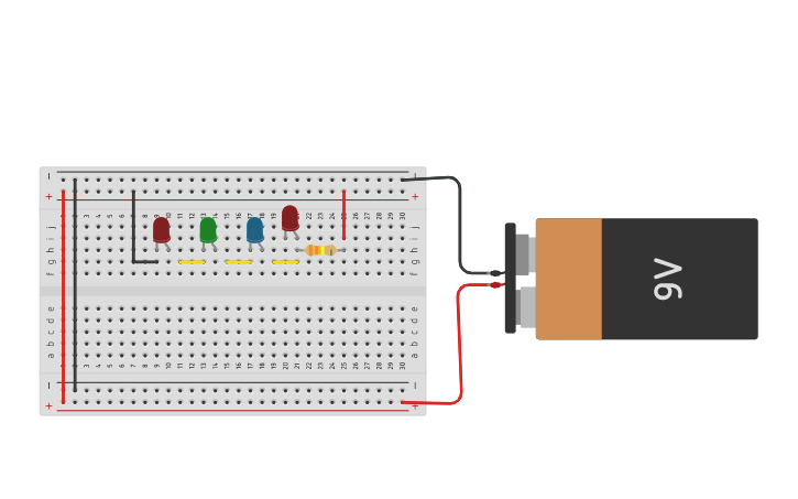 Circuit design 3 leds en serie | Tinkercad