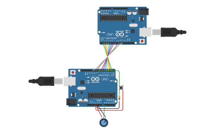Circuit design Conectar dos arduinos convirtiendo binario | Tinkercad