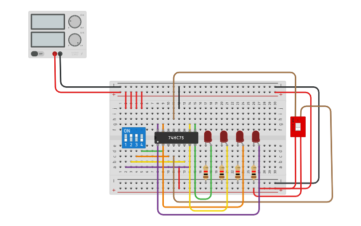 Circuit design LATCH D PER L'ACCENSIONE DI 4 LED CON INTERRUTTORE DIFFERENTE | Tinkercad