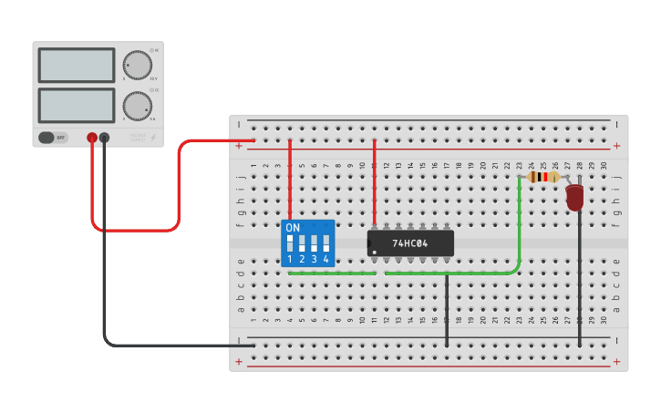 Circuit design NOT gate simulation using 74HC04 | Tinkercad