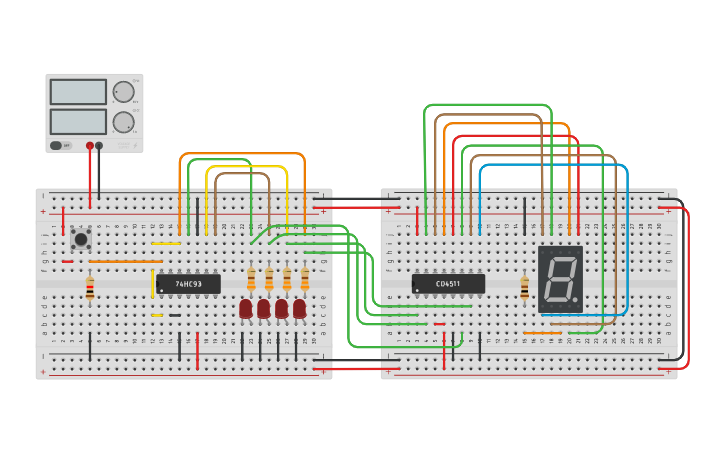 Circuit design Atividade Contador Binário com display 7 segmentos | Tinkercad