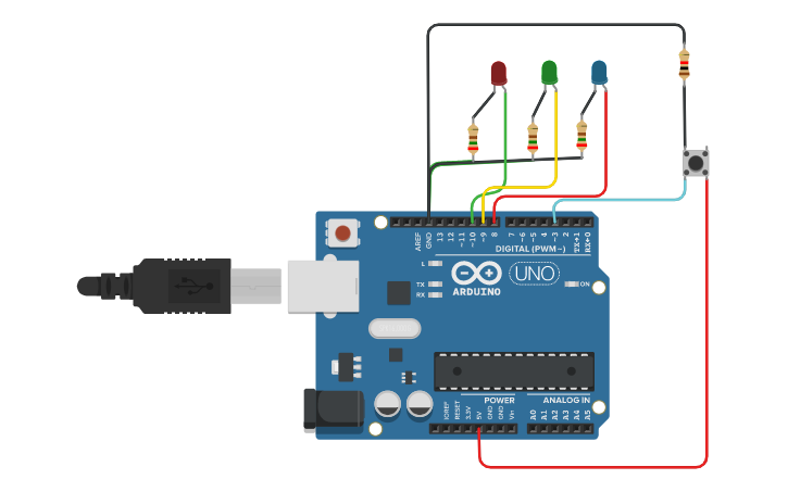 Circuit design Prender leds con boton | Tinkercad