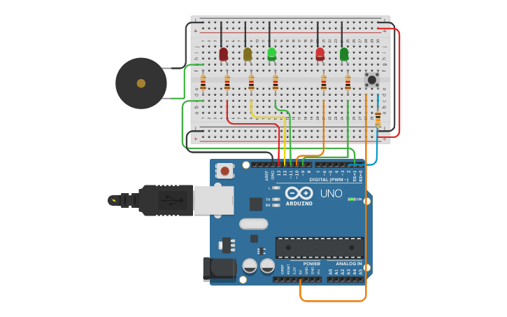 Circuit design Traffic lights with pedestrian crossing and piezo | Tinkercad
