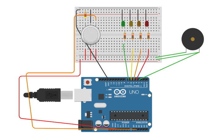 Circuit design Gas-sensor with lights | Tinkercad