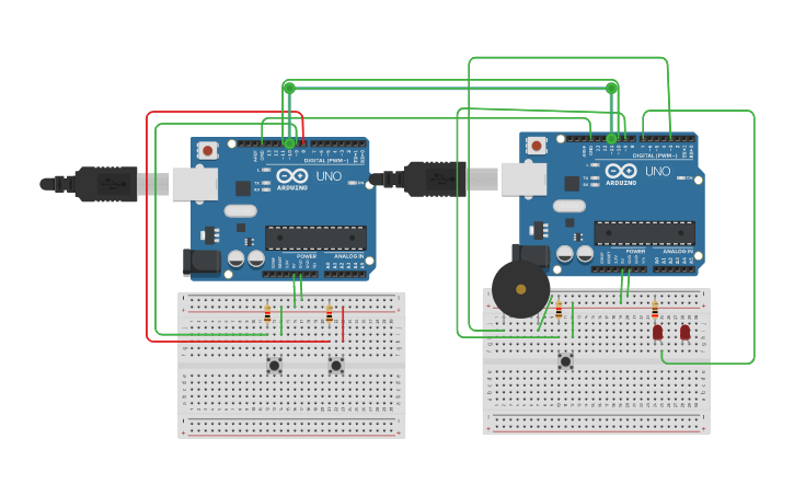 Circuit design Comunicazione tra due Arduino | Tinkercad